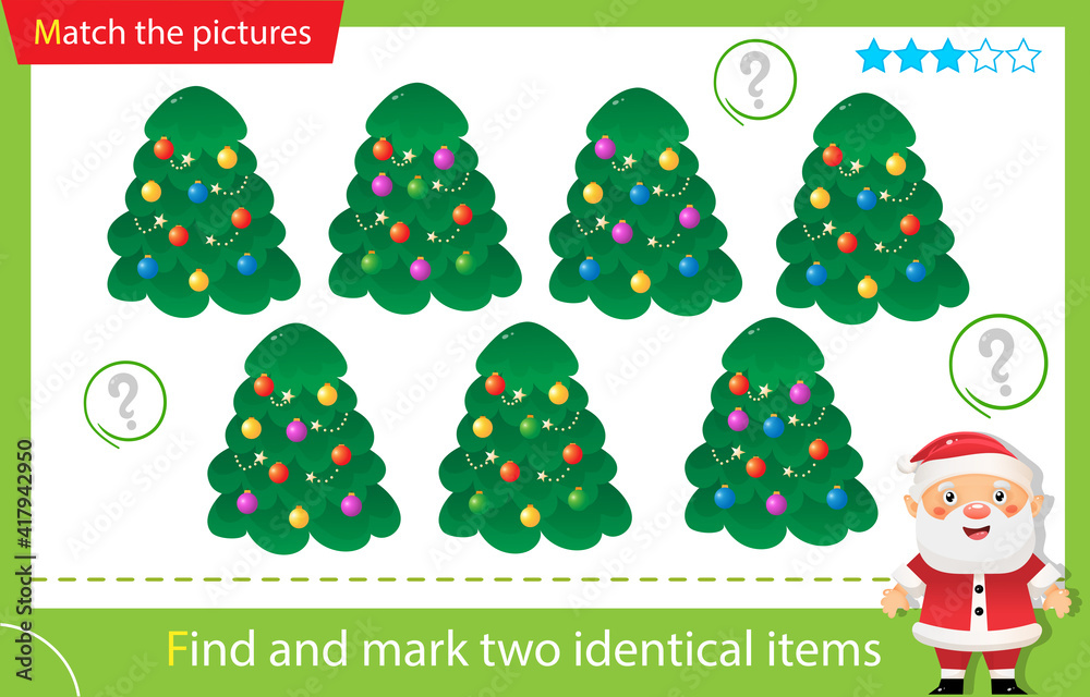 Find and mark two identical items. Puzzle for kids. Matching game ...