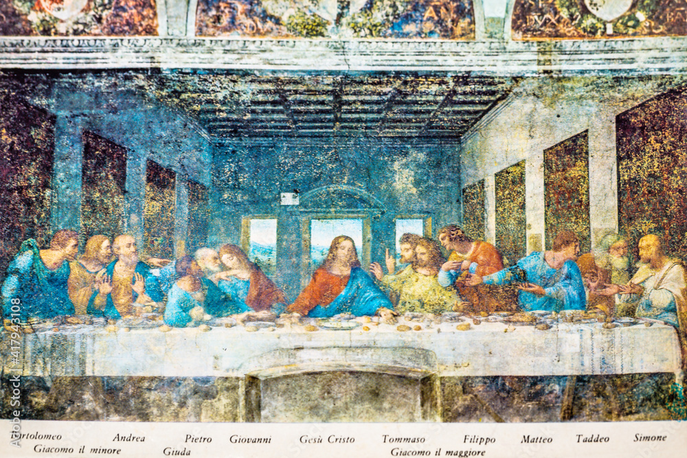 Milan, Italy - December 16, 2016: postcard of The Last Supper mural ...