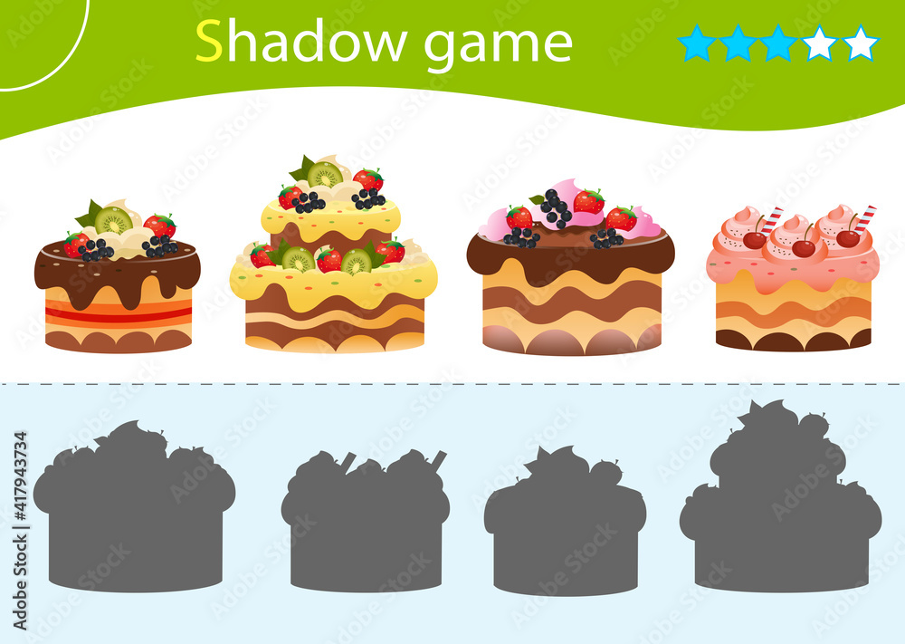Shadow Game for kids. Match the right shadow. Holiday cakes. Pastry and ...