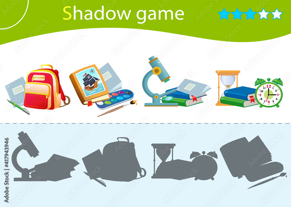 Shadow Game for kids. Match the right shadow. School supplies ...
