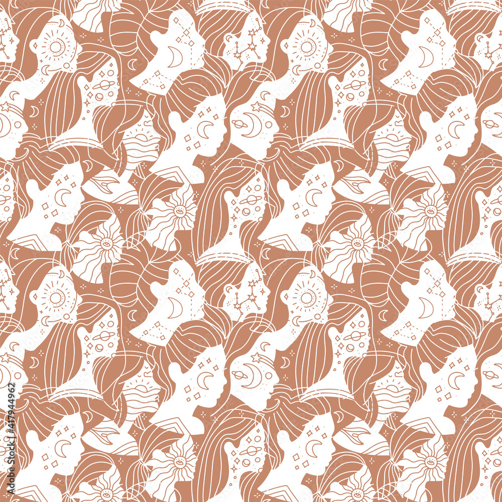 Seamless pattern with Abstract profile portrait of young pretty woman ...