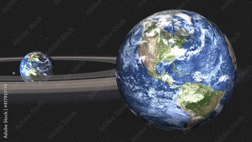 Planet Earth and moon with Saturn ring in outer space. 3d render ...