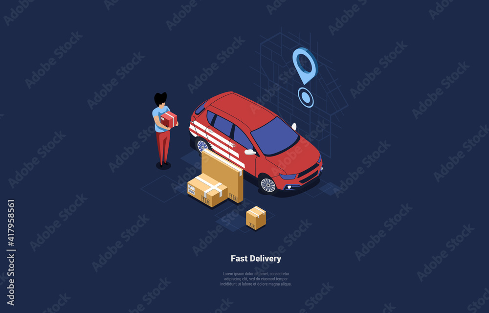 Vector Illustration In Cartoon 3D Style. Isometric Composition On Dark ...