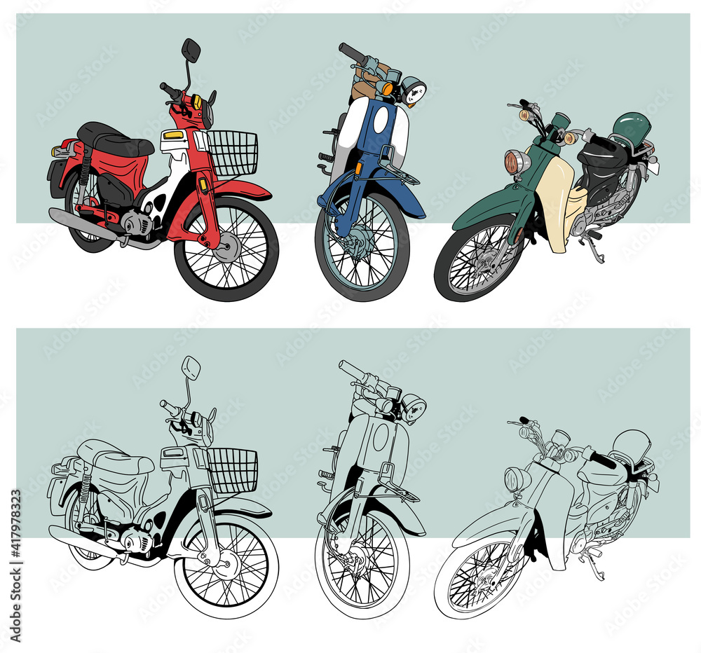 cub retro motorcycle cute moto vector illustration three angles ...