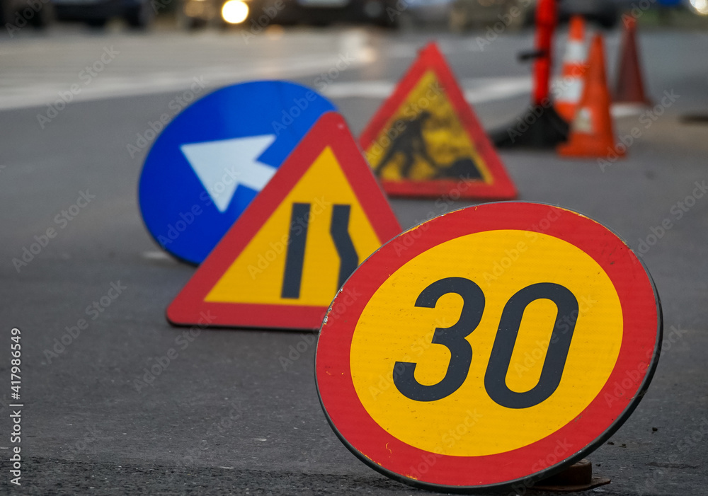 Traffic signs - construction site on a road Stock Photo | Adobe Stock