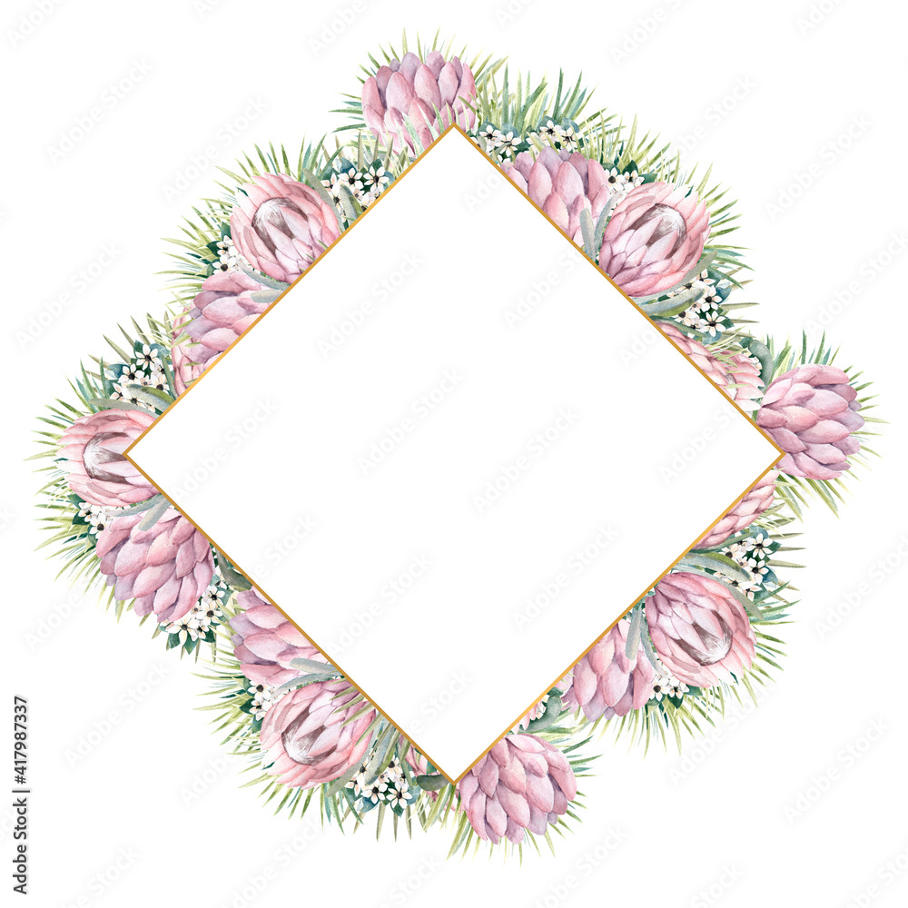 Diamond-shaped gold frame with protea flowers, tropical leaves, palm ...