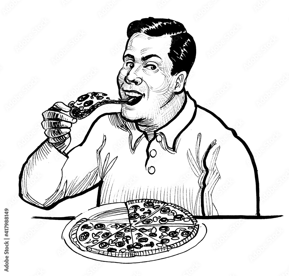 Happy man eating pizza. Ink black and white drawing Stock Illustration ...