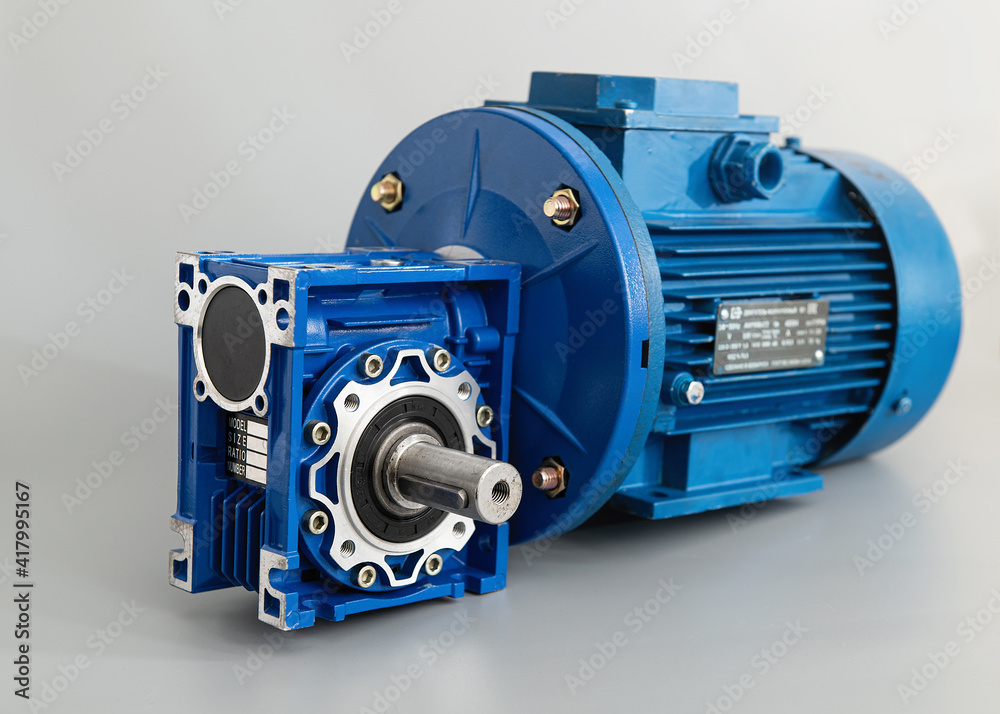 blue motor gearbox subject on light gray background, side view Stock ...