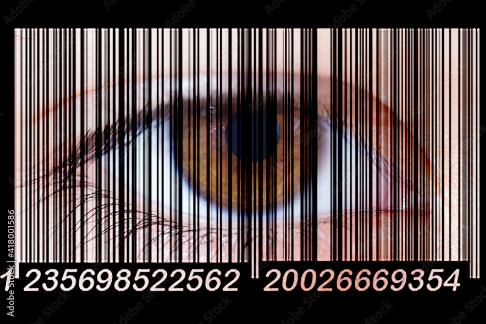 The human eye looks through a digital barcode. Identity identification ...