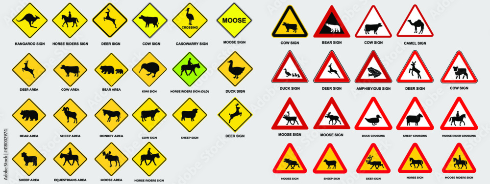 Big set of warning signs of animal. Aware and caution vector template ...