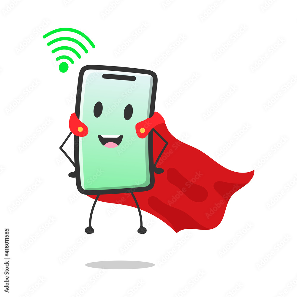 cartoon super flying smartphone character with full green wifi signal ...
