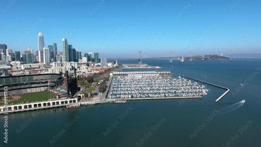 Aerial view of ATT Oracle Park Baseball stadium, Bay Bridge and ...