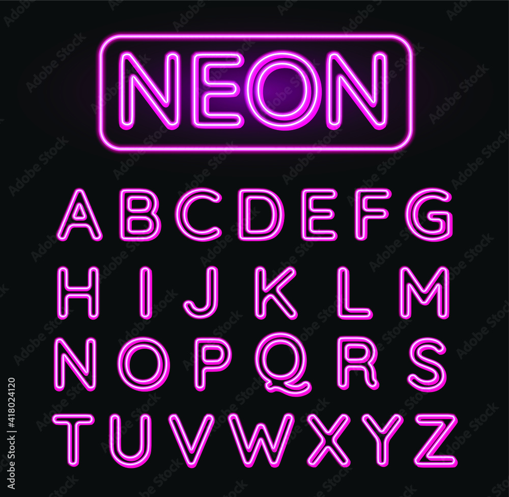 Neon pink font vector illustration. Pink neon light letters. Glowing ...
