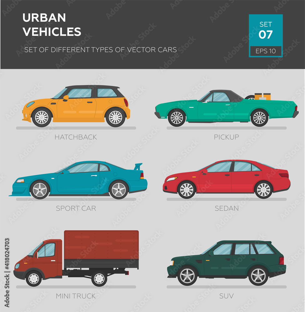 Urban vehicles. Set of different types of vector cars: sedan, hatchback ...