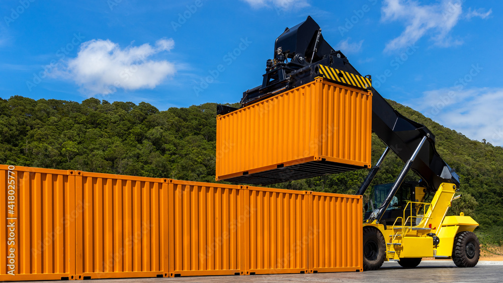 Reach stacker handling container, Cargo forklift handling container box ...