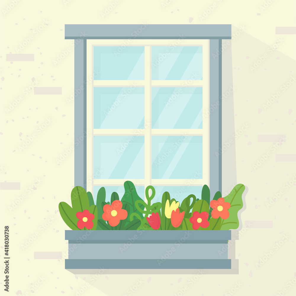 Window, box with flowers. white wall. Vector illustration in flat style ...