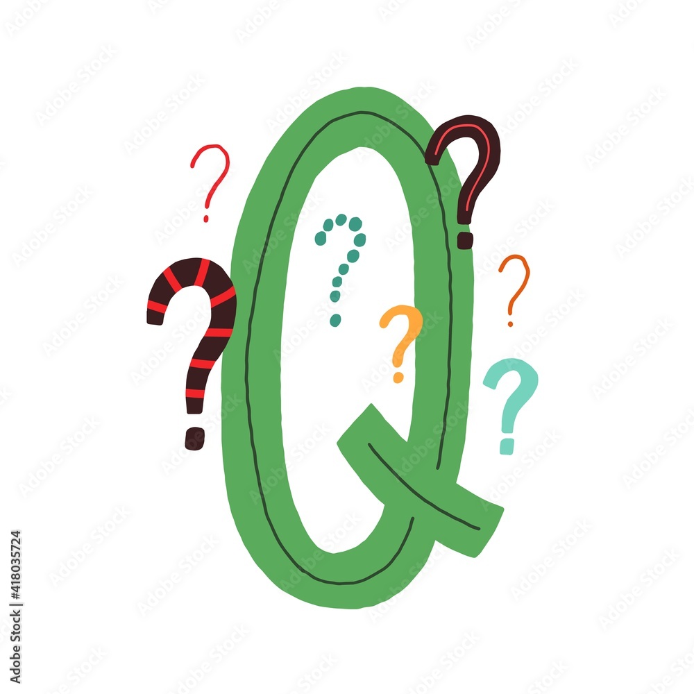 Capital letter Q of childish English alphabet with question marks. Kids ...