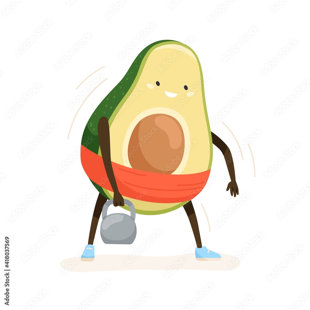Cute strong avocado exercising with weight and training its muscles ...
