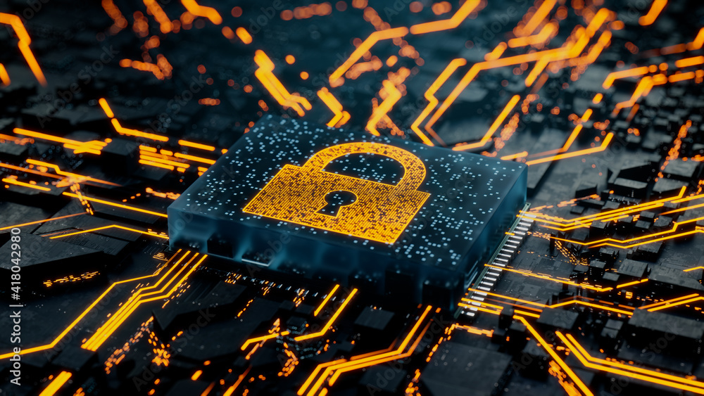 Security Technology Concept with lock symbol on a Microchip. Data flows ...