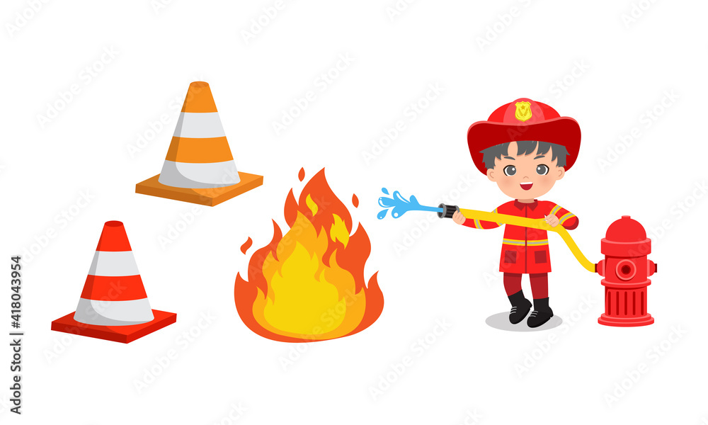 Cute boy in fire fighter uniform extinguish flame with water hose. Flat ...