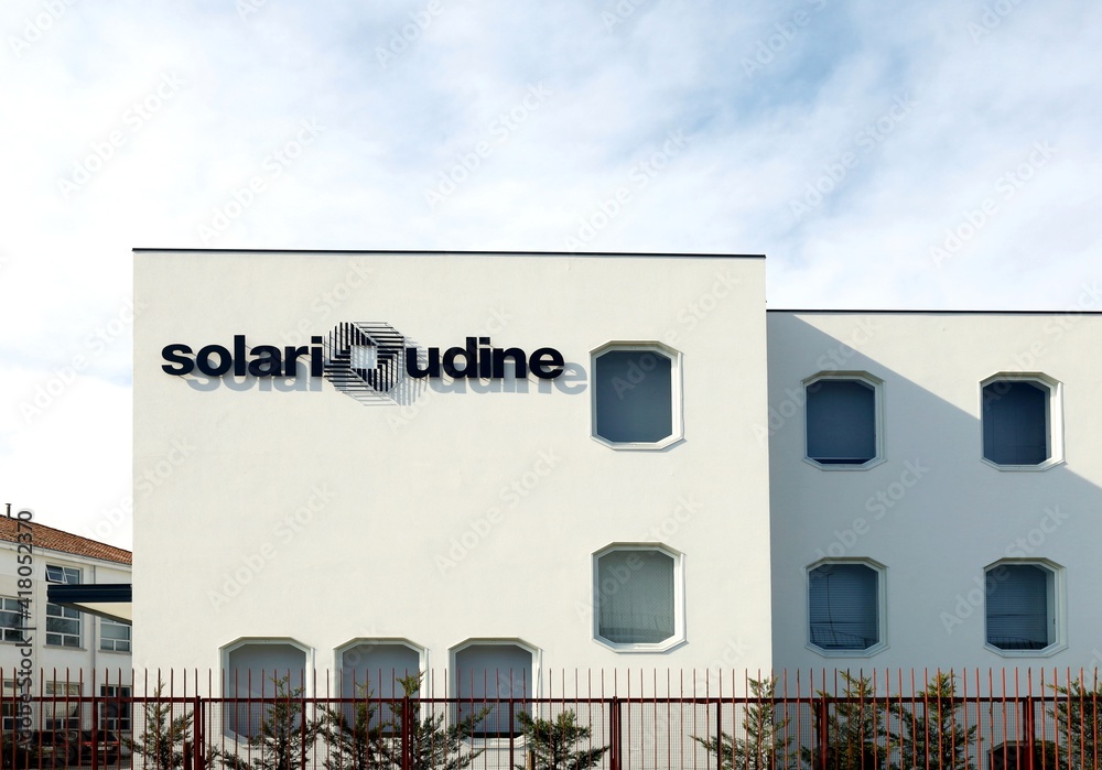 Udine, Italy. March 3, 2021. Logo Solari on the company headquarters ...