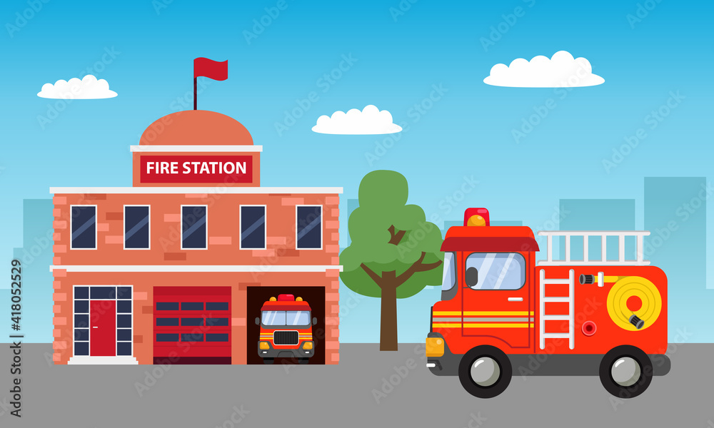 Fire station building background for children birthday theme with fire ...
