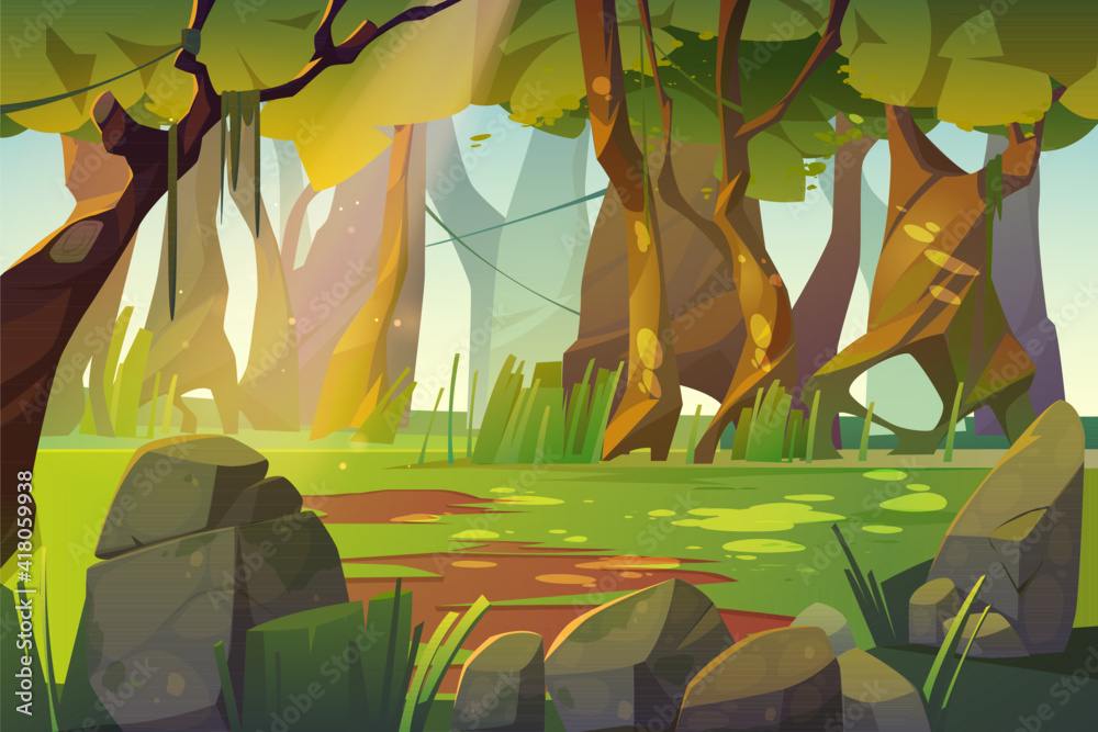 Summer forest glade with green grass. Scene of jungle, garden or ...