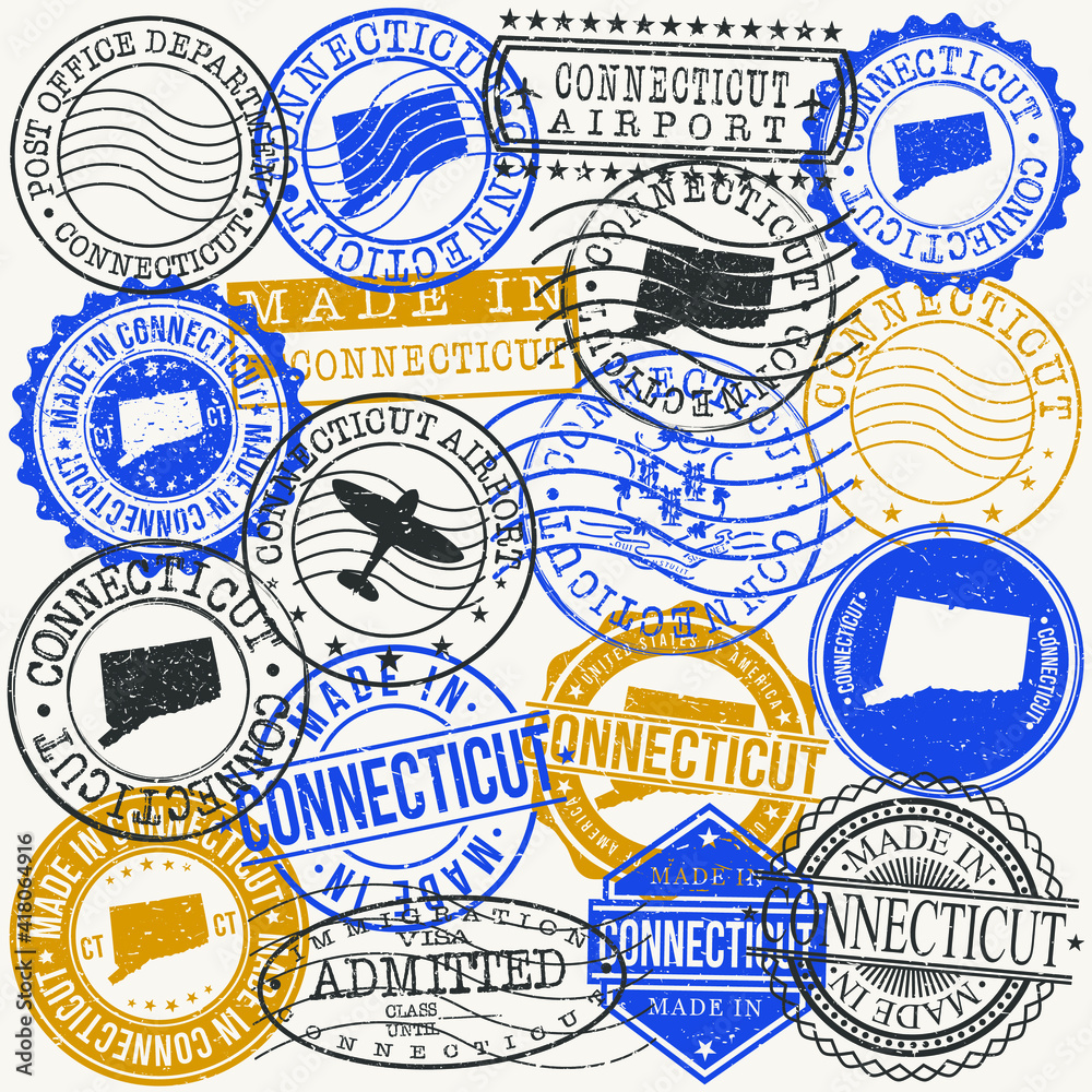 Connecticut, USA Set of Stamps. Travel Passport Stamps. Made In Product ...