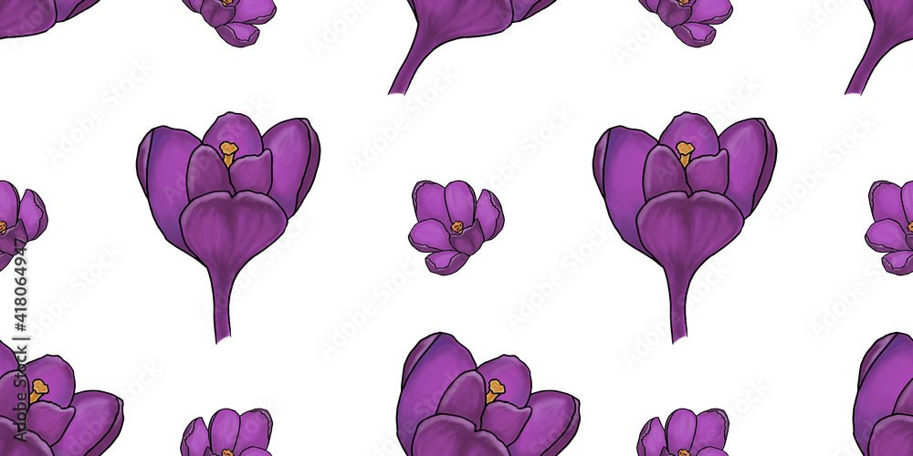 Seamless pattern with crocus illustration on white background, great ...