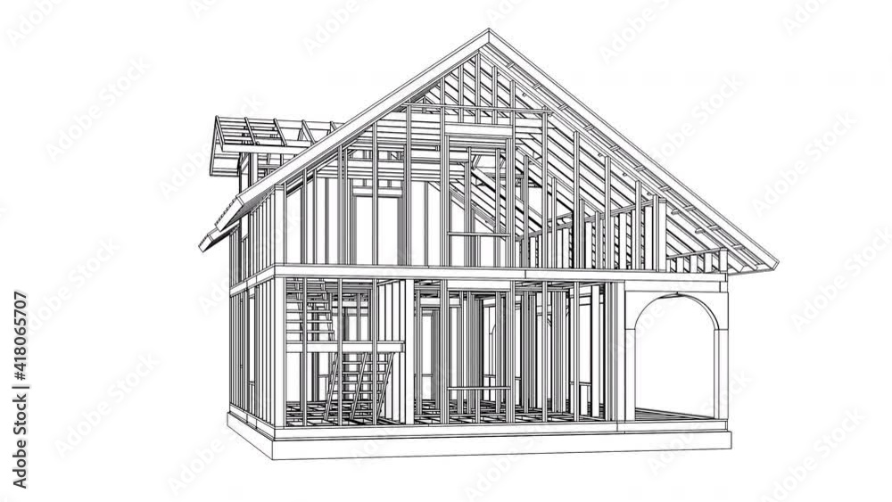 The cartoon-style animation of a frame house under construction. High ...