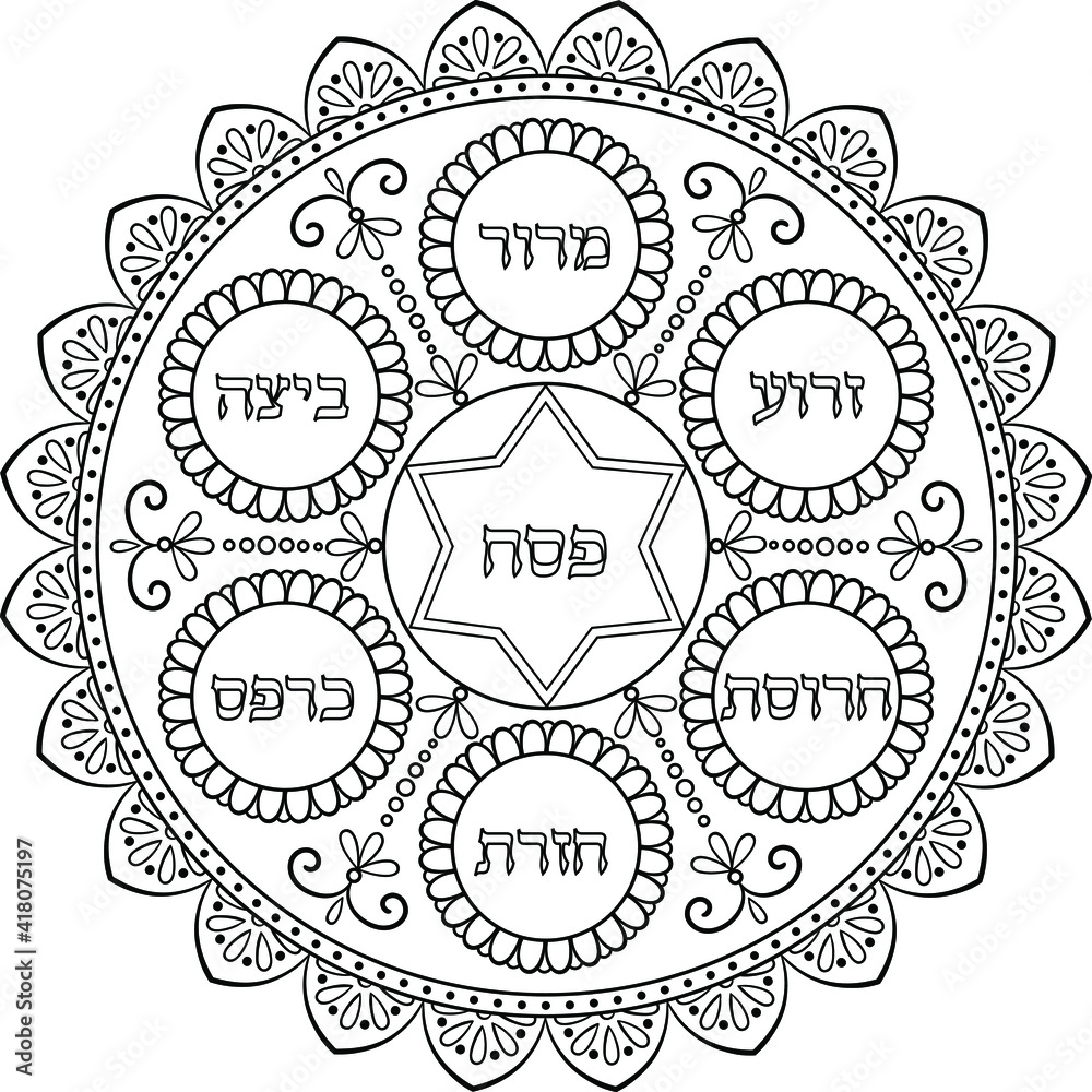 Jewish Passover Seder meal plate. Black outline holiday vector Stock ...
