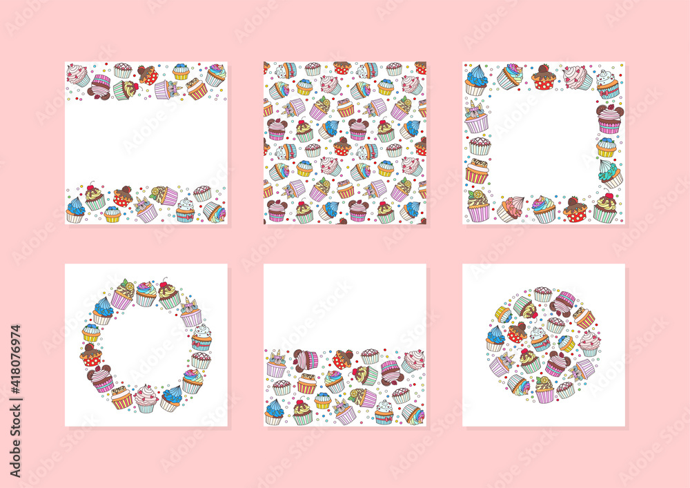 Cupcake backgrounds. Set of bright frame and backgrounds with confetti ...
