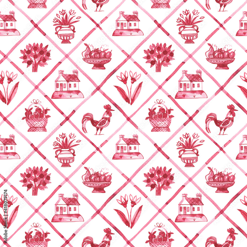 Scarlet seamless pattern - old fashion hand-drawn rustic motifs ...
