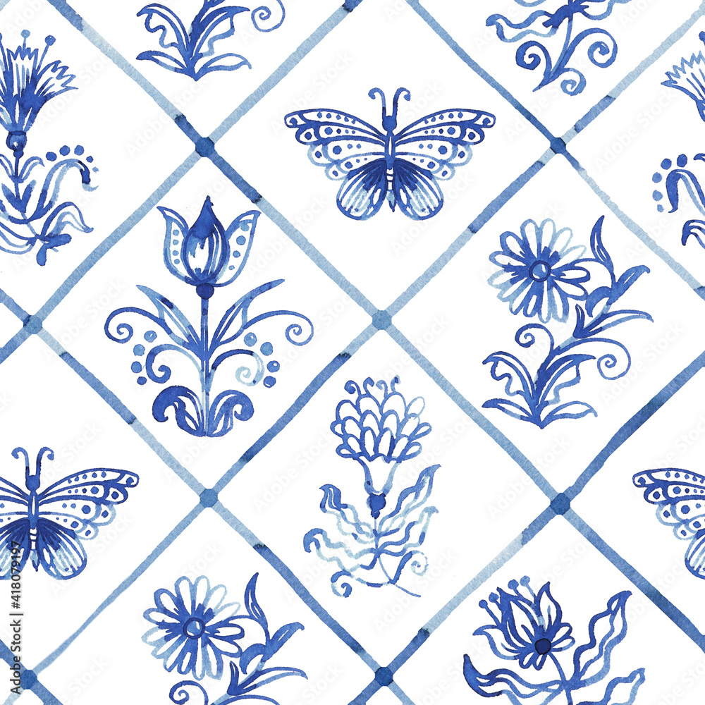 Blue seamless pattern - old fashion hand-drawn rustic floral motifs ...