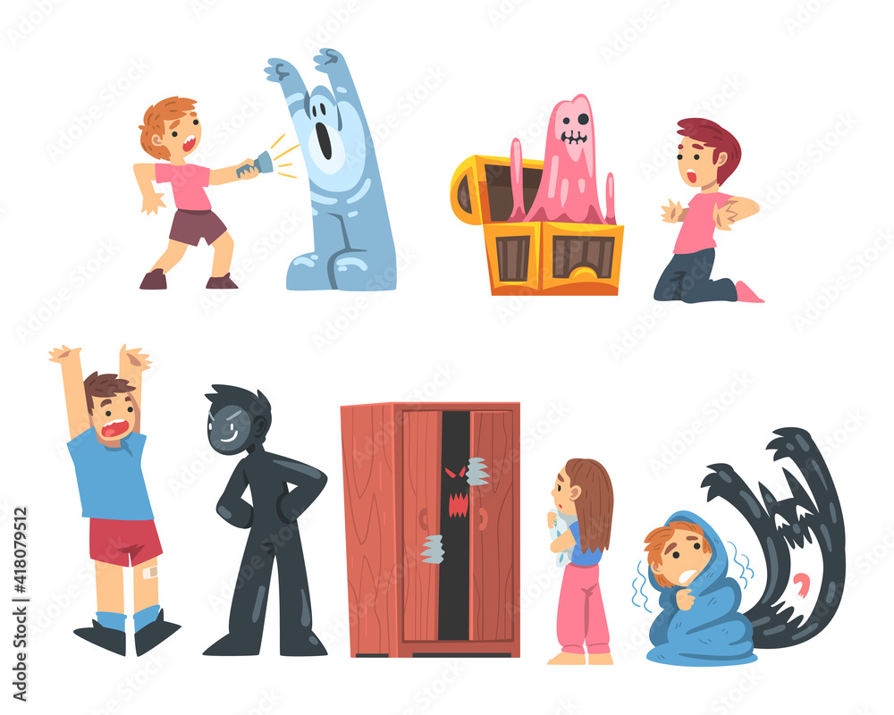Childhood Fears with Scary Monsters Frightening Little Kids Vector Set ...