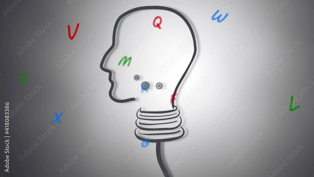 Animation of floating colourful letters over drawing of human head with ...