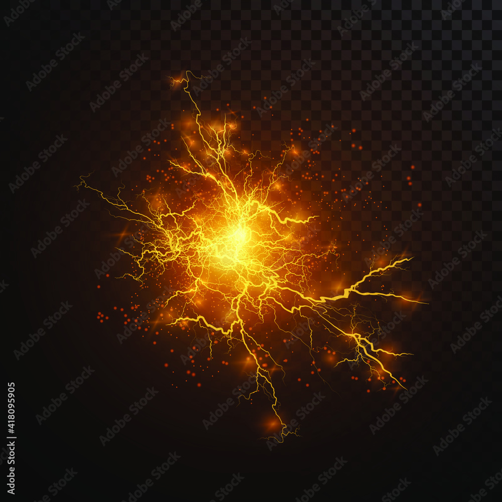 Realistic lightning bolts on a black transparent background. the charge ...