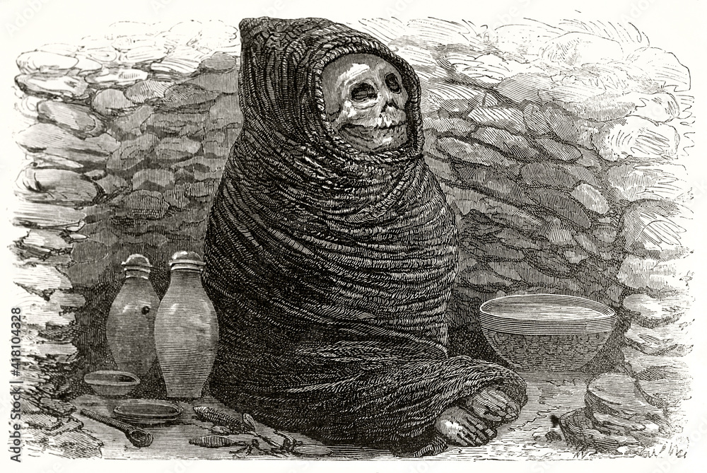 indigenous Aymara mummy seated inside his stone tomb with little ...