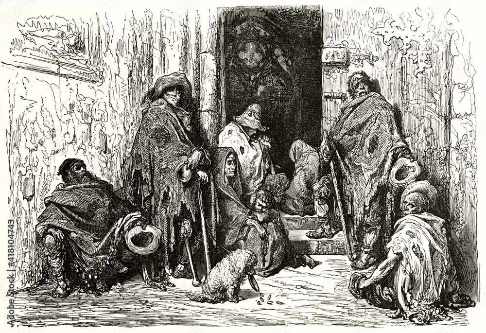 poor and dirty group of beggars standing and seated in the cloister of ...