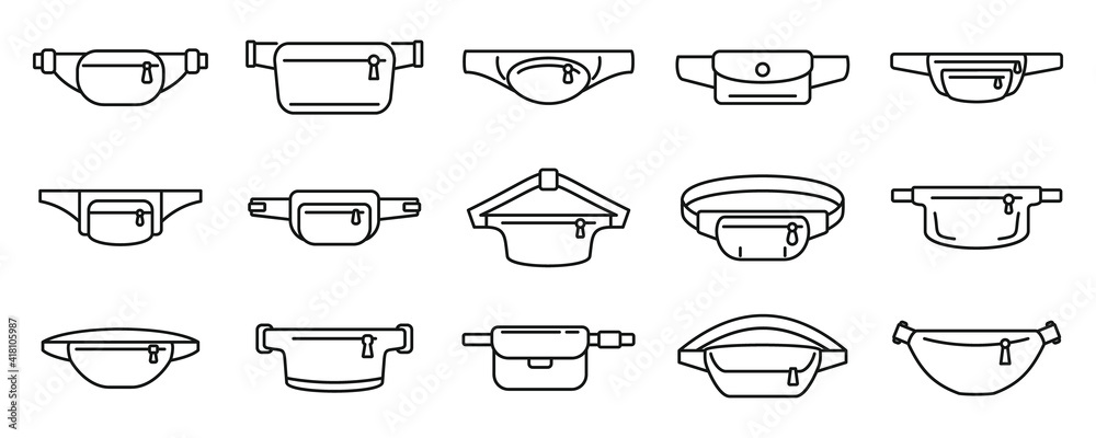 Fashion waist bag icons set. Outline set of fashion waist bag vector ...