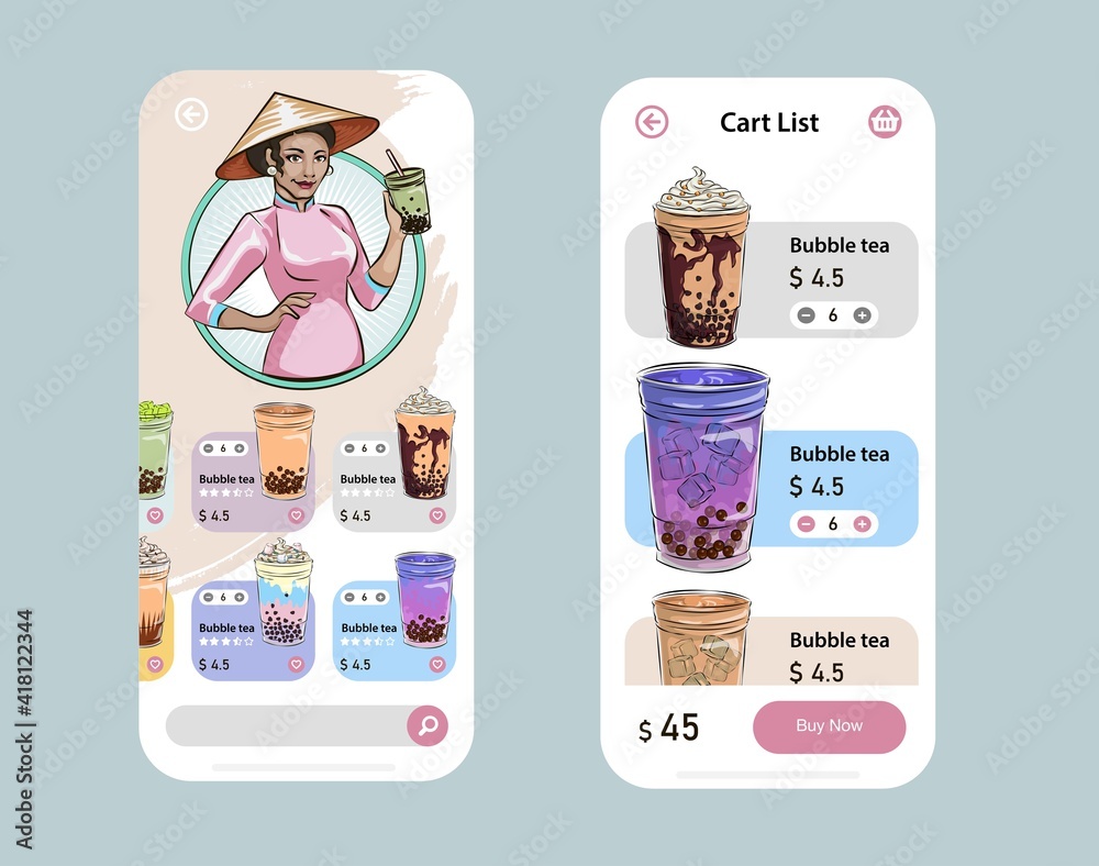 a phone app for ordering drinks with Thai tea with pearl tapioca bubbles, A mobile app UI design ...