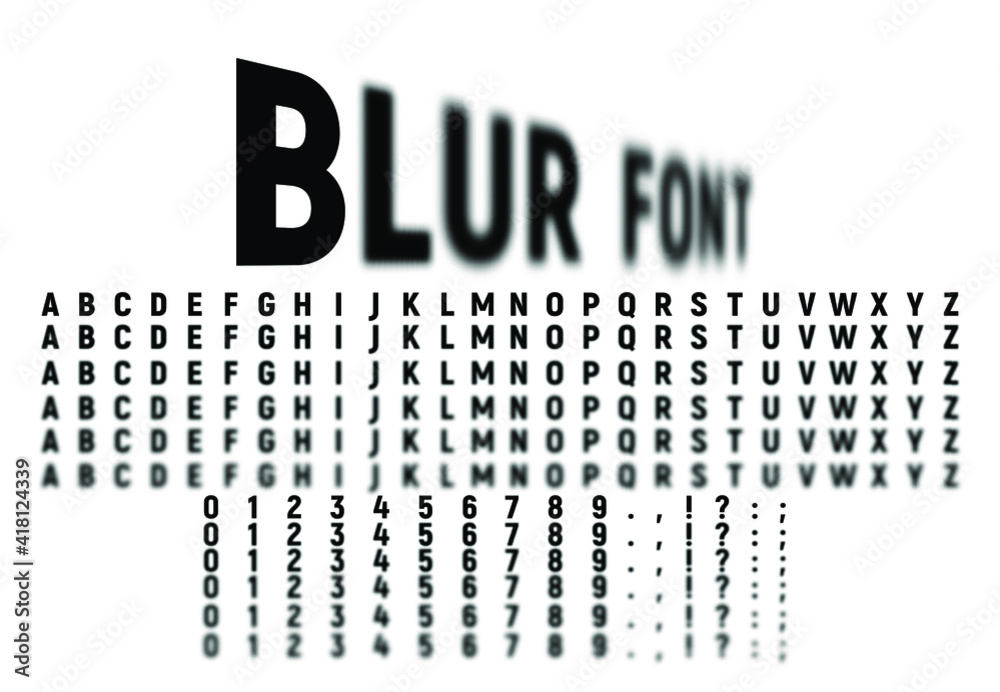 Blur font effect. Different depth of field. Alphabet, numbers and ...