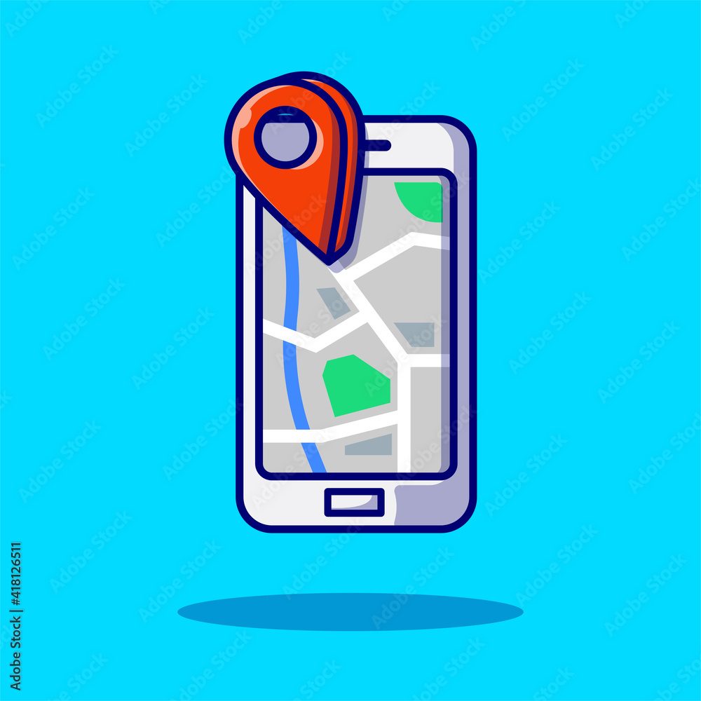 Smart phone maps screen with location icon icon flat cartoon style ...
