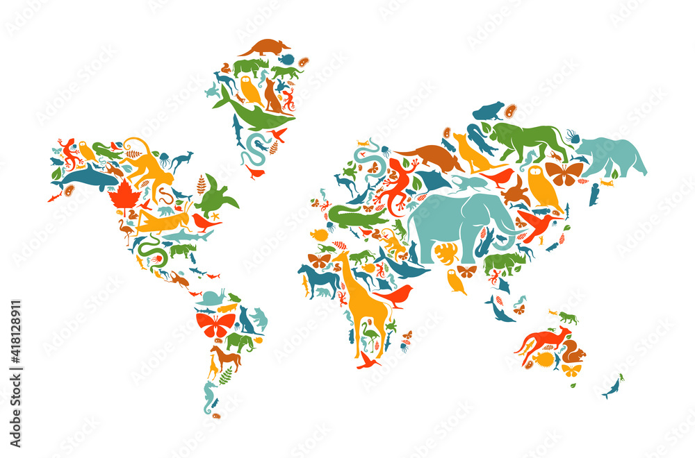 Wild animal icon world map shape concept isolated Stock Vector | Adobe ...