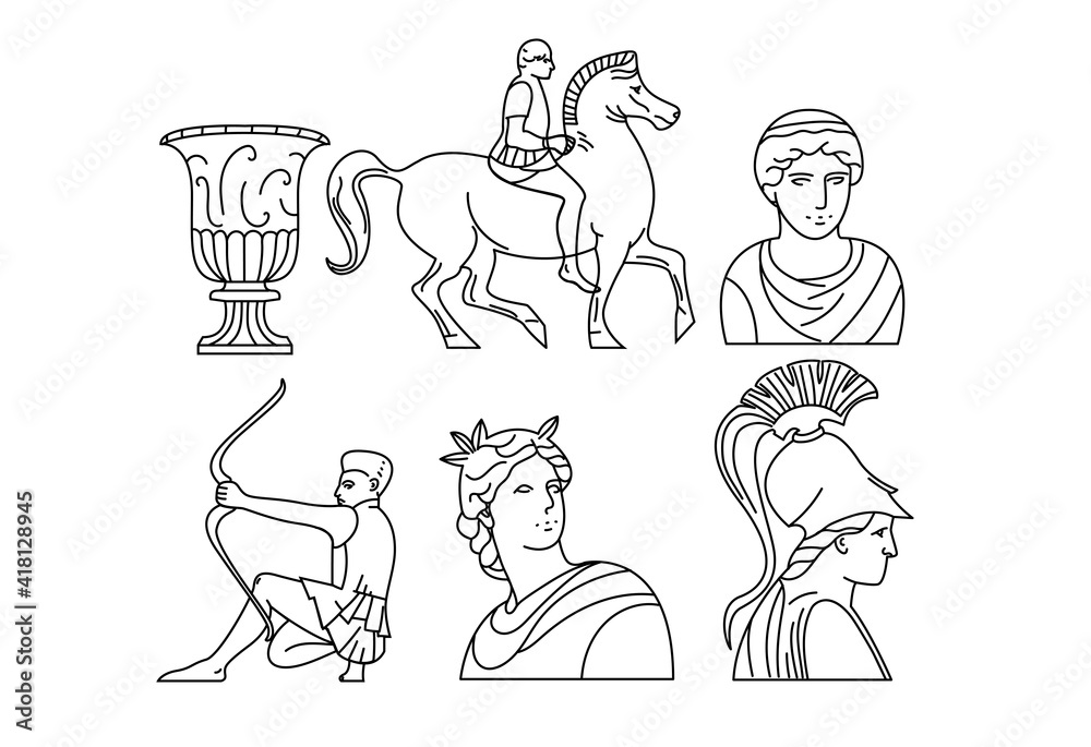 Ancient greek sculptures collection. Antique statue set with male and ...