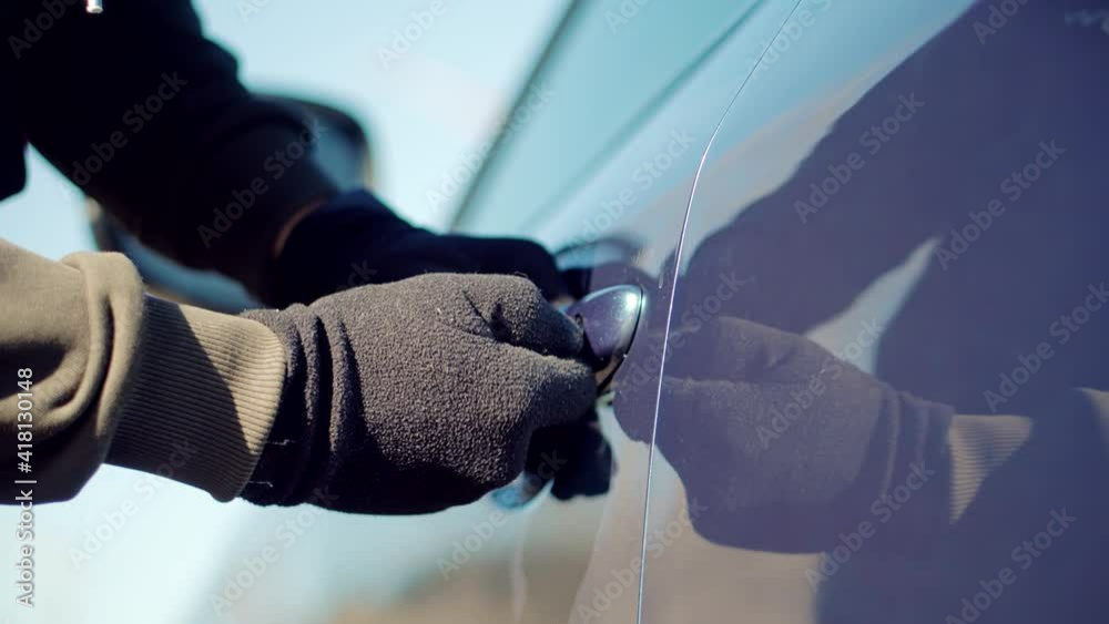 Thief Breaks Lock On Vehicle. Car Jacking Thief Steal Car Breaking Door ...
