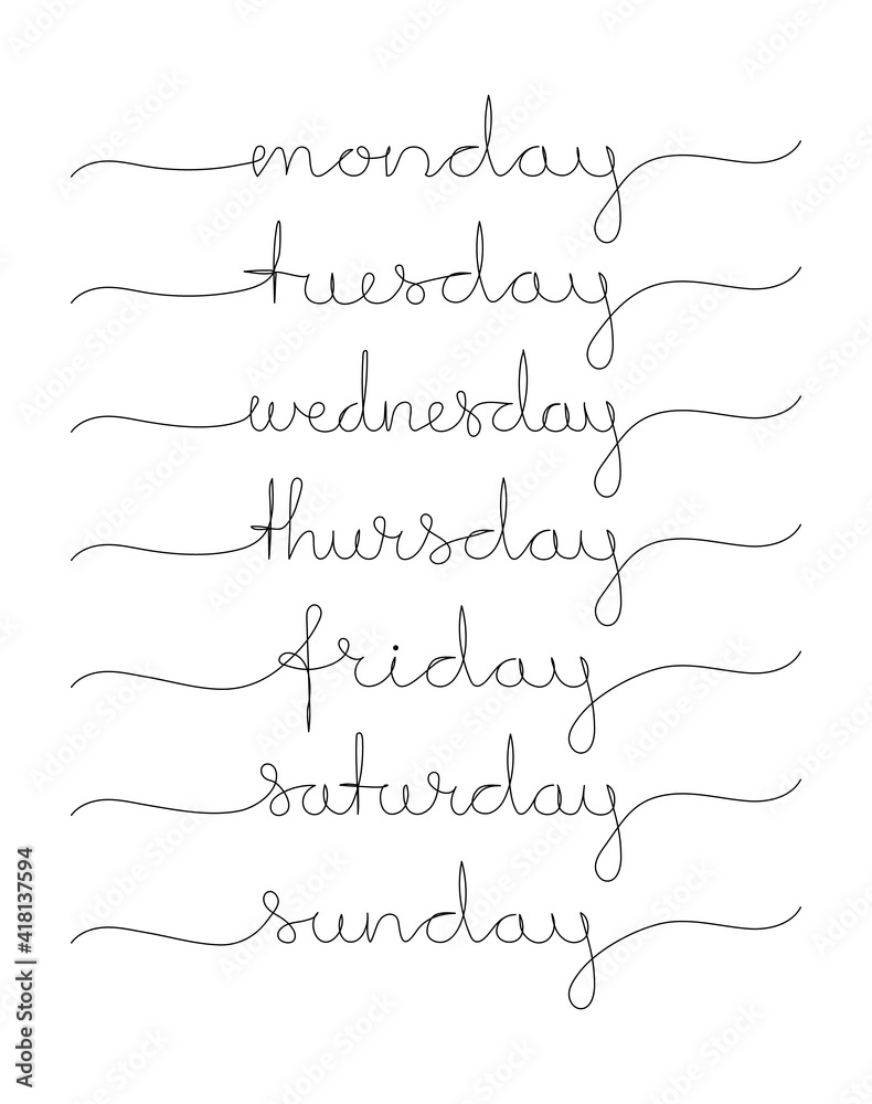 Days of the week set. Continuous one line drawing. Minimalistic art ...