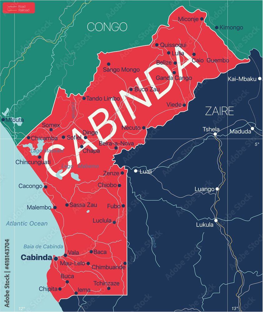 Cabinda country detailed editable map with regions cities and towns ...