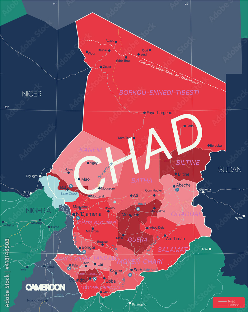 Chad country detailed editable map with regions cities and towns, roads ...