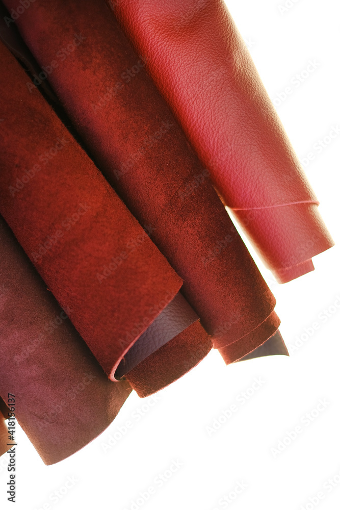 Genuine leather isolated on white background.Red and burgundy genuine ...